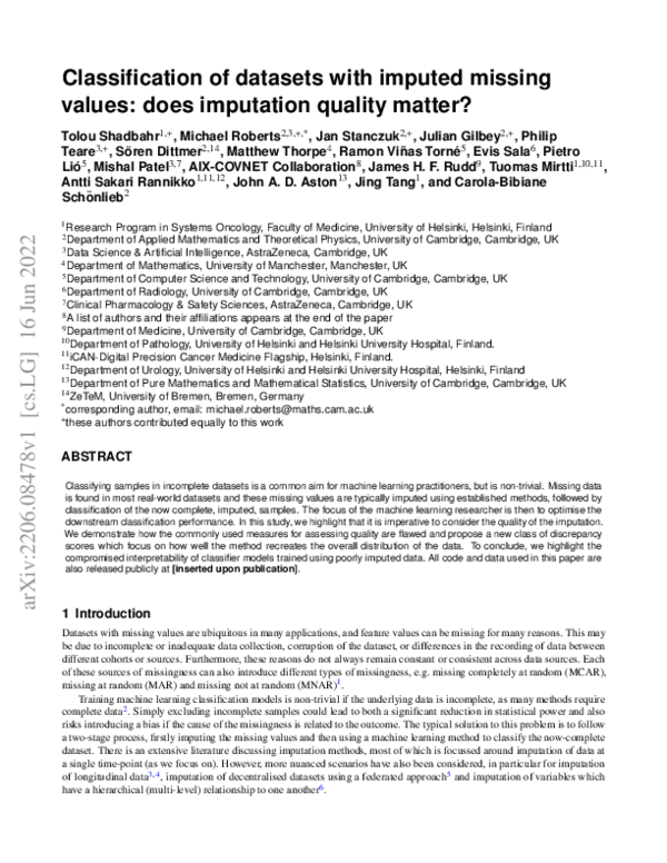 (PDF) Classification of datasets with imputed missing values: does imputation quality matter?