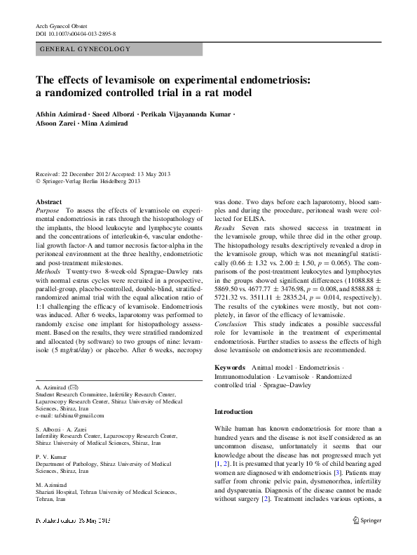 (PDF) The effects of levamisole on experimental endometriosis: a randomized controlled trial in ...