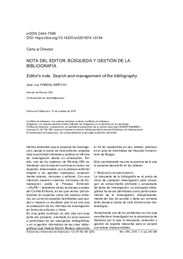 (PDF) Nota del editor. Búsqueda y gestión de la bibliografía