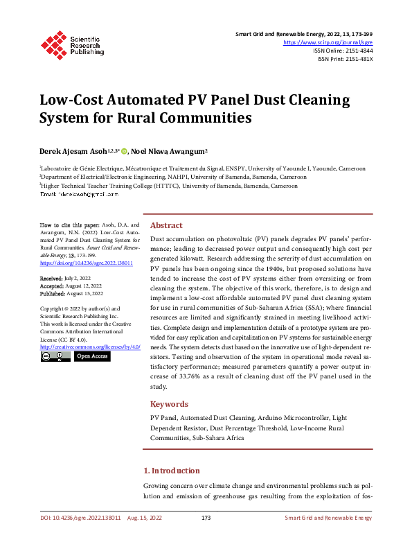 (PDF) Low-Cost Automated PV Panel Dust Cleaning System for Rural ...