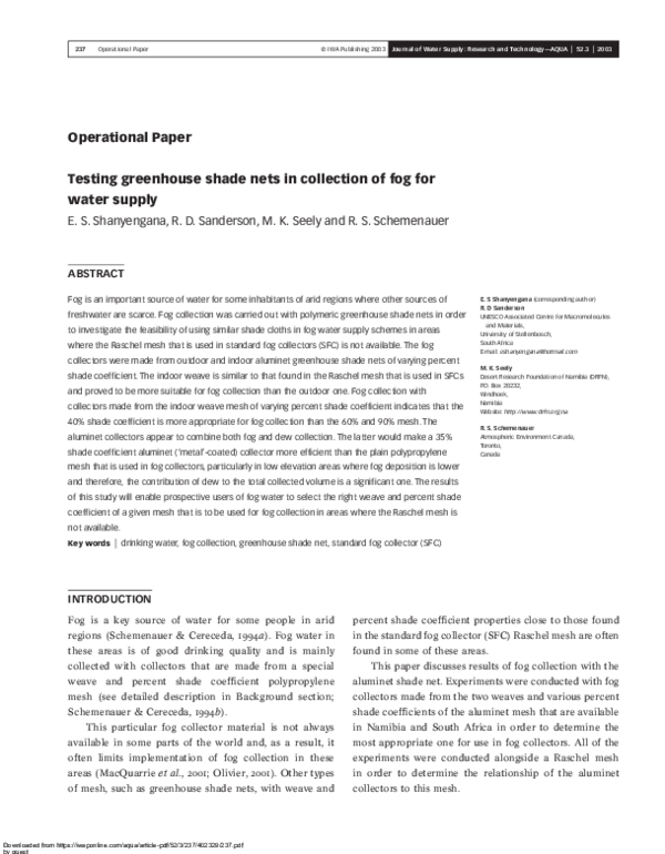 (PDF) Testing greenhouse shade nets in collection of fog for water supply