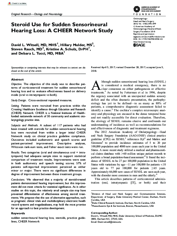 (PDF) Steroid Use for Sudden Sensorineural Hearing Loss: A CHEER ...