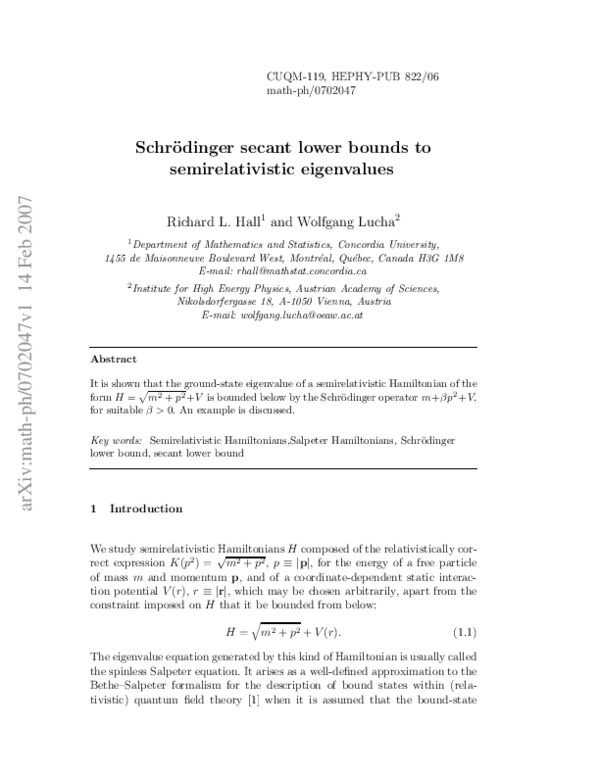 (PDF) Schroedinger secant lower bounds to semirelativistic eigenvalues