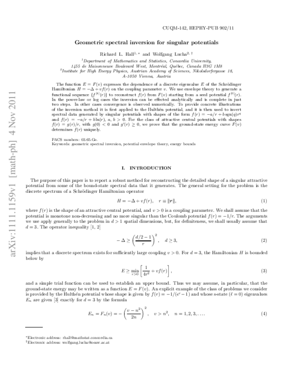 (PDF) Geometric spectral inversion for singular potentials