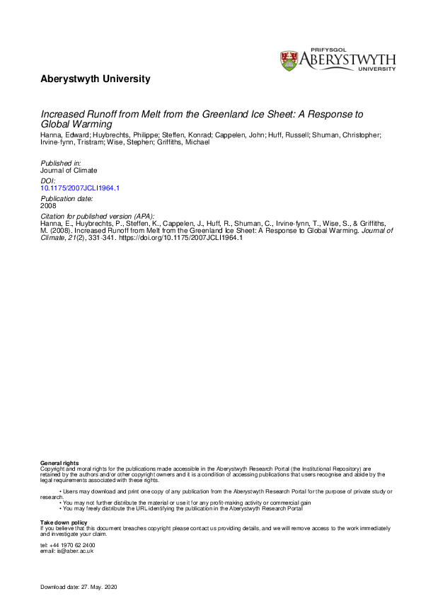 (PDF) Increased Runoff from Melt from the Greenland Ice Sheet: A ...
