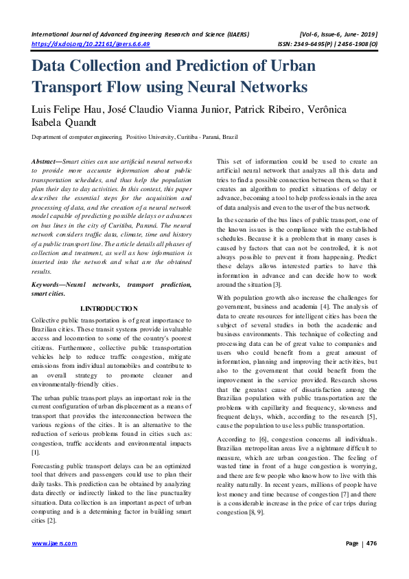 (PDF) Data Collection and Prediction of Urban Transport Flow using Neural Networks