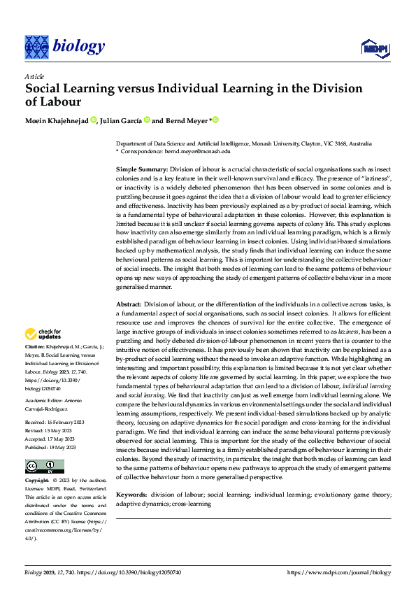 (PDF) Social Learning versus Individual Learning in the Division of Labour