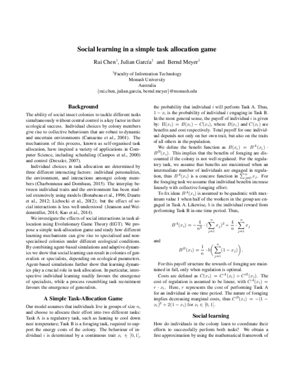 (PDF) Social learning in a simple task allocation game