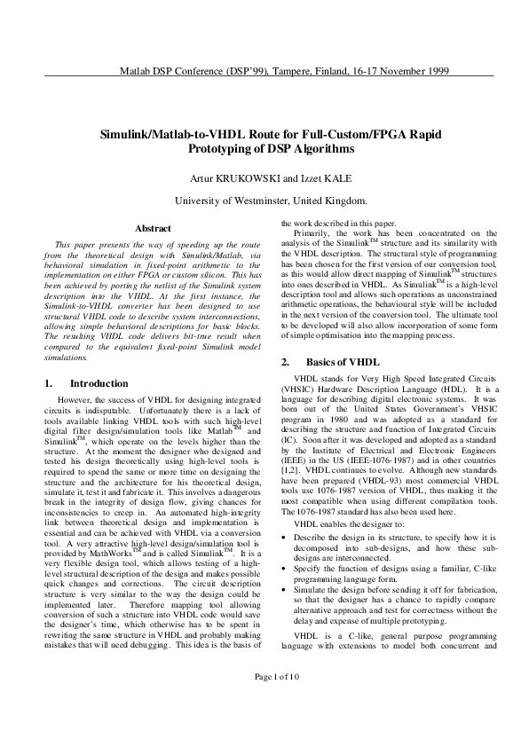 Pdf Simulinkmatlab To Vhdl Route For Full Customfpga Rapid