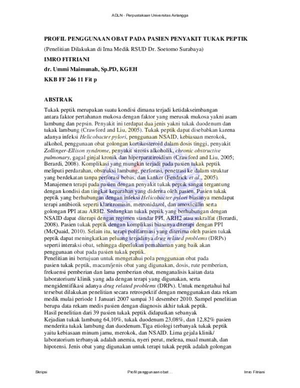 Pdf Profil Penggunaan Obat Pada Pasien Penyakit Tukak Peptik