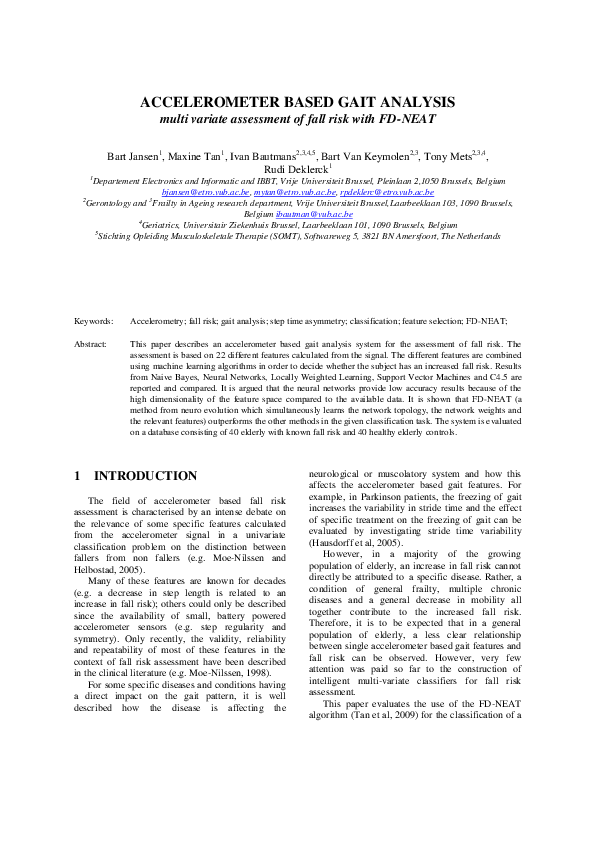 (PDF) ACCELEROMETER BASED GAIT ANALYSIS - Multi Variate Assessment of Fall Risk with FD-NEAT