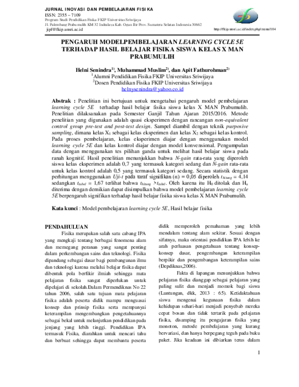 (PDF) Pengaruh Modelpembelajaran Learning Cycle 5E Terhadap Hasil Belajar Fisika Siswa Kelas X ...