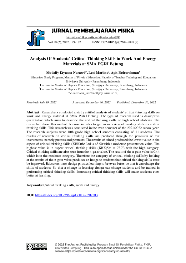 (PDF) Analysis Of Students' Critical Thinking Skills in Work And Energy Materials at SMA PGRI Betung