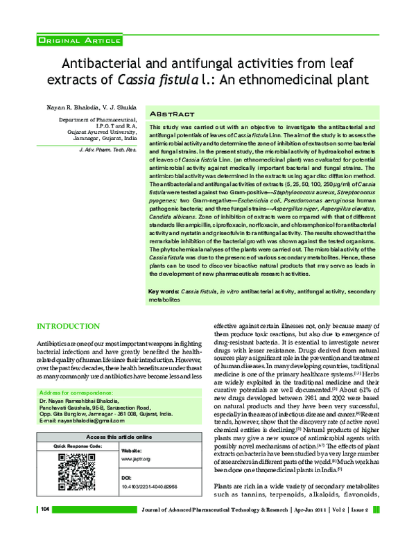 (PDF) Antibacterial and antifungal activities from leaf extracts of Cassia fistula l.: An ...