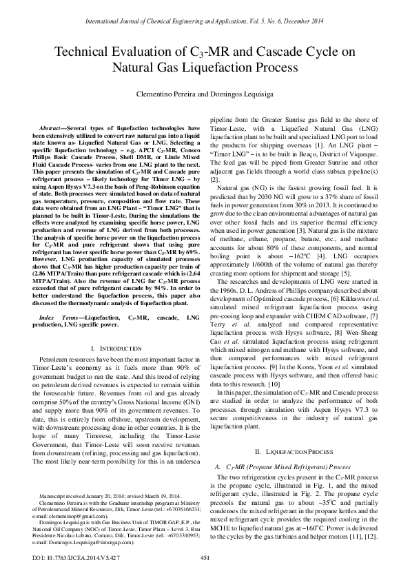 (PDF) Technical Evaluation of C3-MR and Cascade Cycle on Natural Gas Liquefaction Process