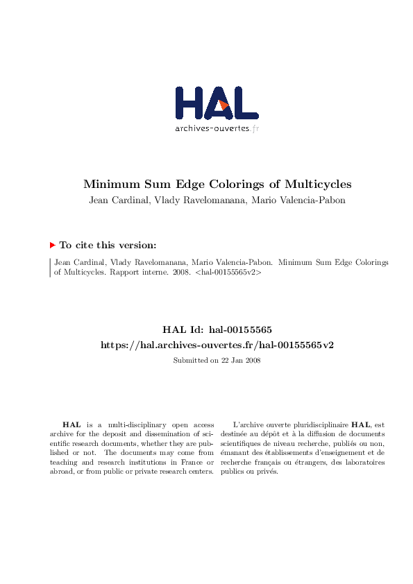 (PDF) Minimum sum edge colorings of multicycles (PDF) Minimum sum edge colorings of multicycles