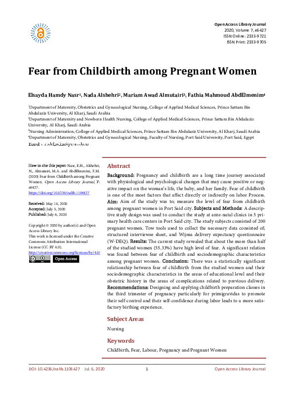 (PDF) Fear from Childbirth among Pregnant Women