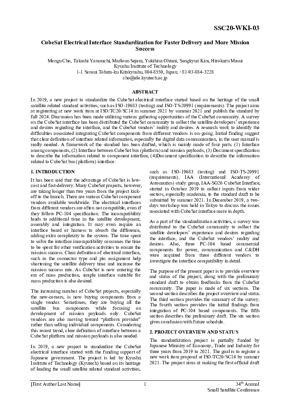 (PDF) CubeSat Electrical Interface Standardization for Faster Delivery ...