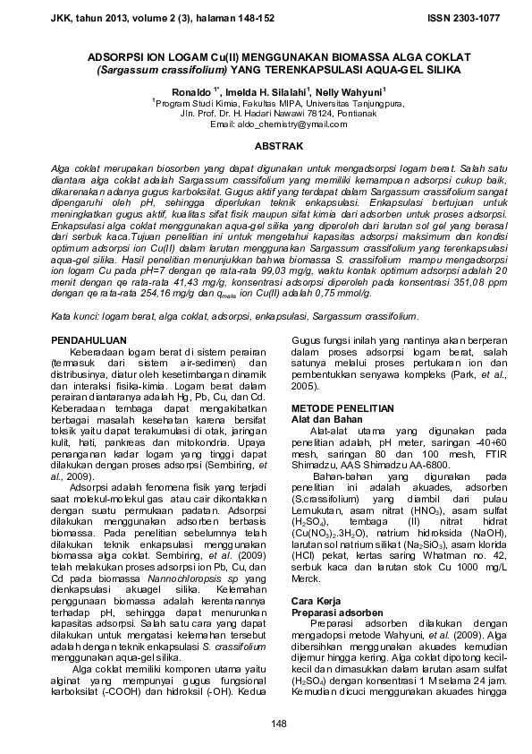 (PDF) ADSORPSI ION LOGAM Cu(II) MENGGUNAKAN BIOMASSA ALGA COKLAT ...