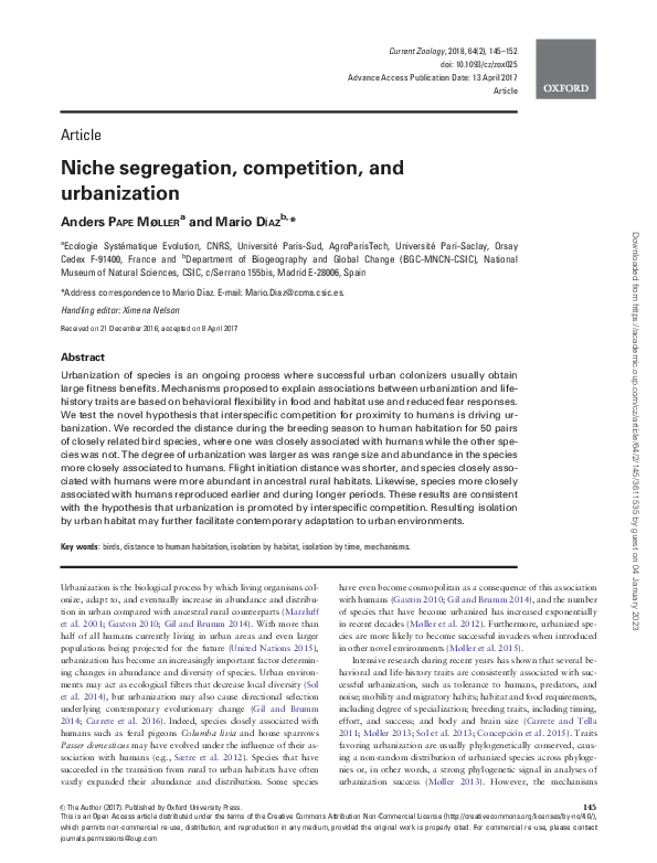 (PDF) Niche segregation, competition, and urbanization