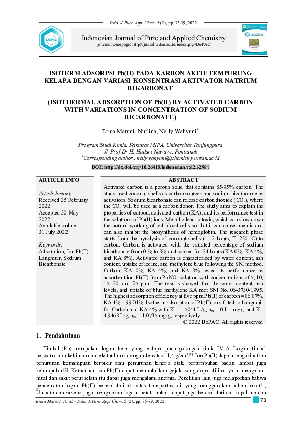 (PDF) ISOTERM ADSORPSI Pb(II) PADA KARBON AKTIF TEMPURUNG KELAPA DENGAN VARIASI KONSENTRASI ...