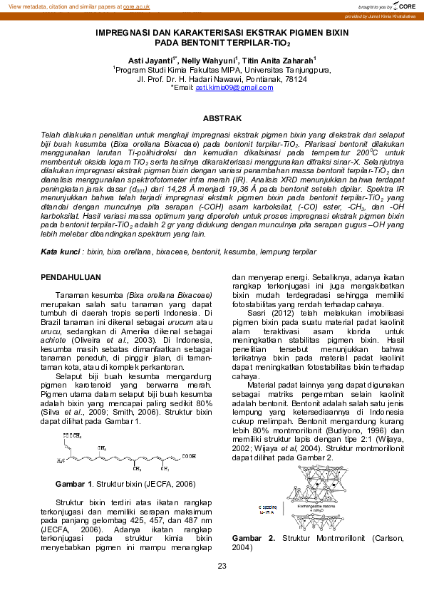 (PDF) IMPREGNASI DAN KARAKTERISASI EKSTRAK PIGMEN BIXIN PADA BENTONIT ...