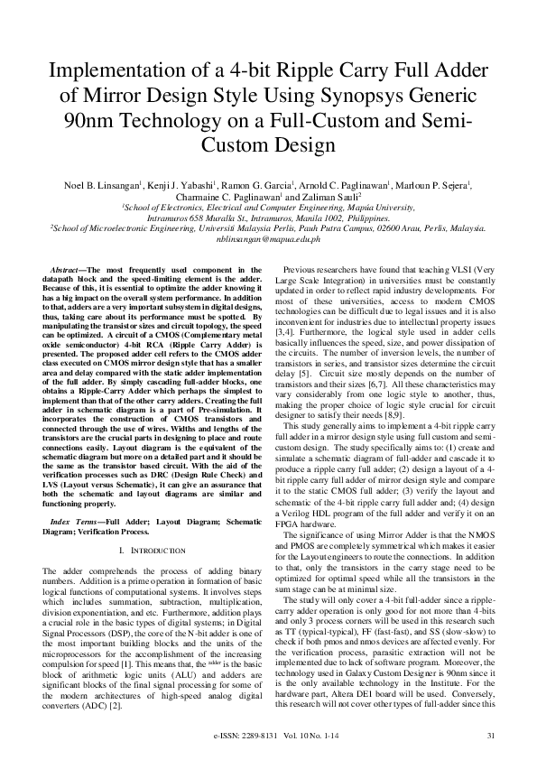 (PDF) Implementation of a 4-bit Ripple Carry Full Adder of Mirror Design Style Using Synopsys ...