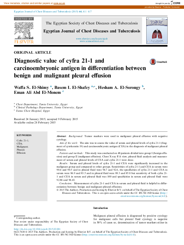 Pdf Diagnostic Value Of Cyfra 21 1 And Carcinoembryonic Antigen In