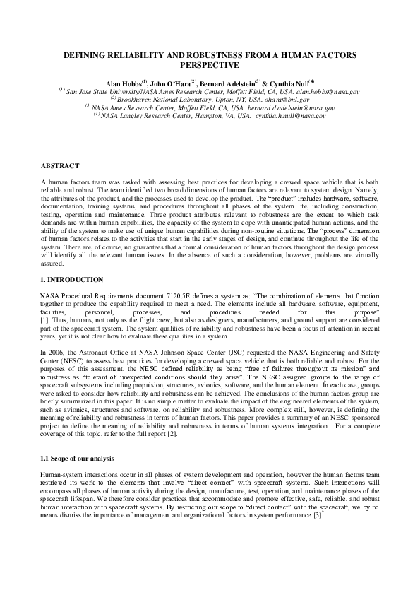 (PDF) Defining Reliability and Robustness from a Human Factors Perspective