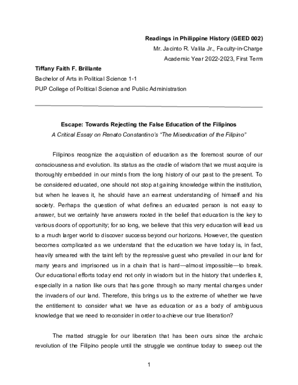(DOC) Escape: Towards Rejecting the False Education of the Filipinos (A Critical Essay on Renato ...
