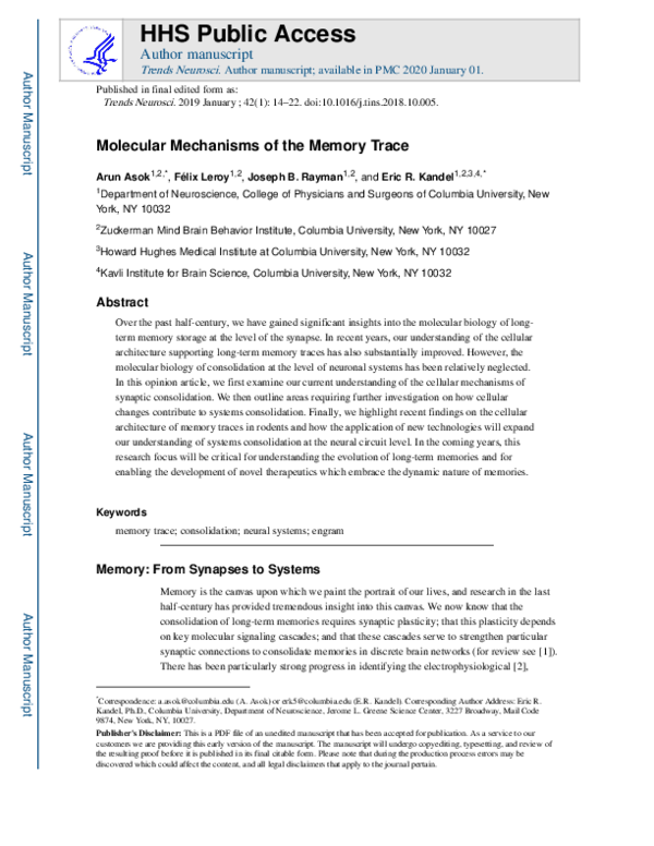 (PDF) Molecular Mechanisms of the Memory Trace