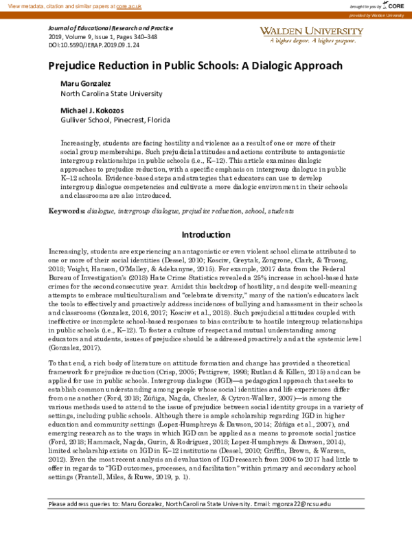 (PDF) Prejudice Reduction in Public Schools: A Dialogic Approach