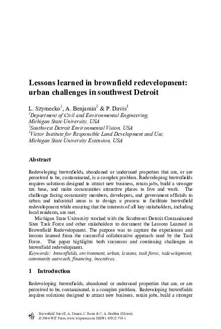(PDF) Lessons Learned In Brownfield Redevelopment:Urban Challenges In Southwest Detroit