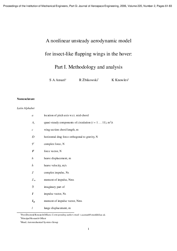 (PDF) Non-linear unsteady aerodynamic model for insect-like flapping wings in the hover. Part 1 ...