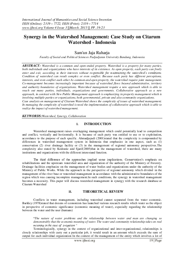 (PDF) Synergy in the Watershed Management: Case Study on Citarum Watershed - Indonesia