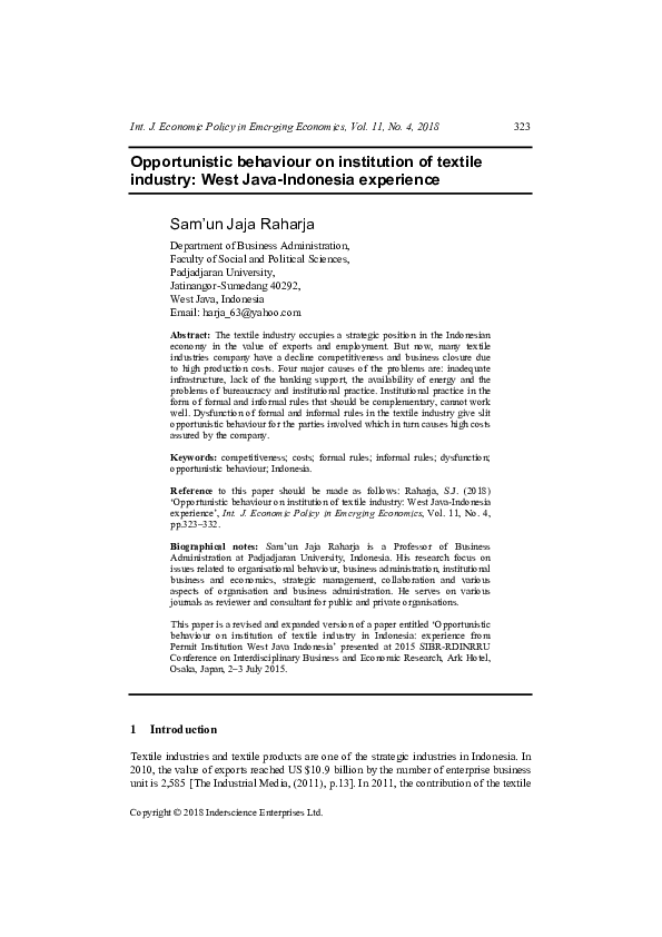 (PDF) Opportunistic behaviour on institution of textile industry: West ...