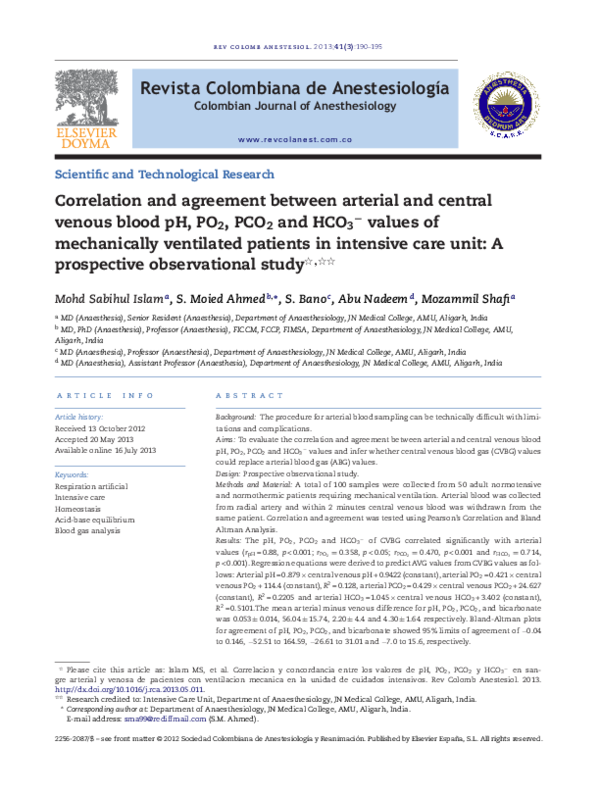 (PDF) Correlation and agreement between arterial and central venous ...