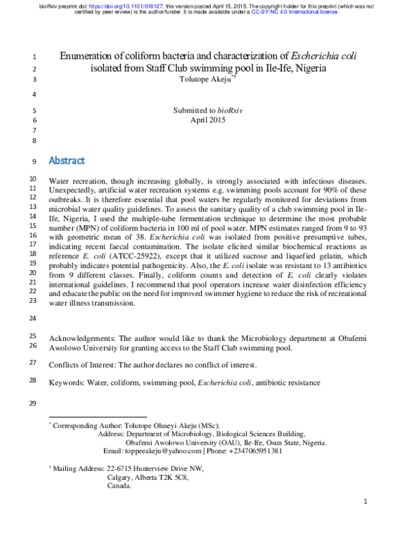 Pdf Enumeration Of Coliform Bacteria And Characterization Of Escherichia Coli Isolated From