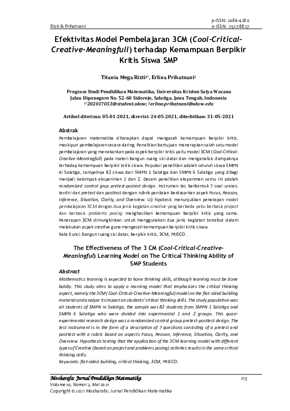 (PDF) Efektivitas Model Pembelajaran 3CM (Cool-Critical-Creative-Meaningfull) terhadap Kemampuan ...