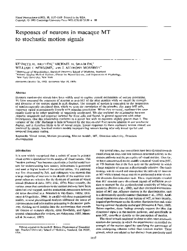 (PDF) Responses of neurons in macaque MT to stochastic motion signals