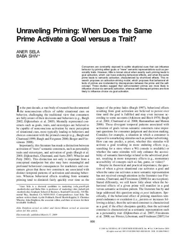 (PDF) Unraveling Priming: When Does the Same Prime Activate a Goal ...