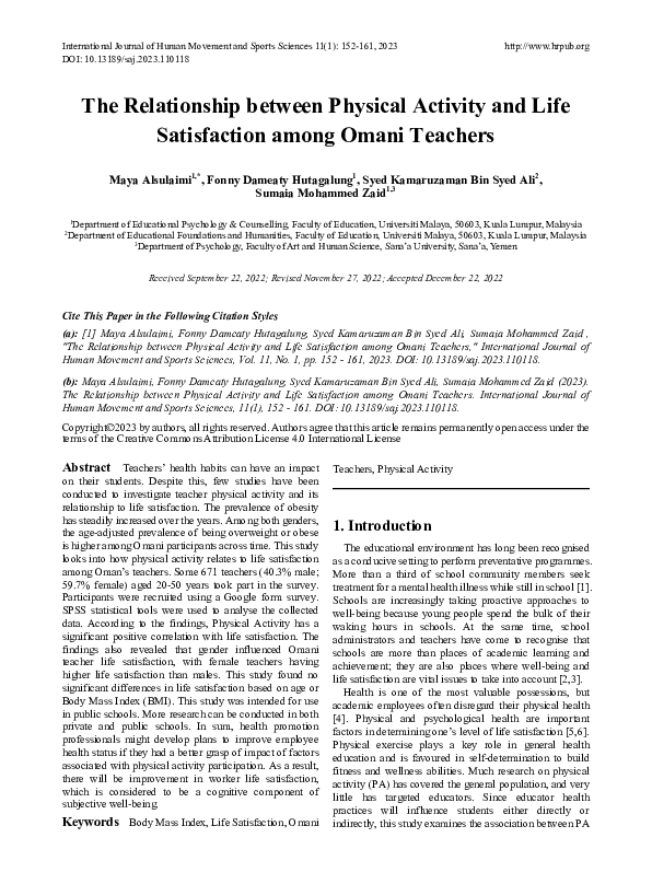 (PDF) The Relationship between Physical Activity and Life Satisfaction ...