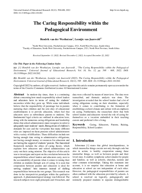 (PDF) The Caring Responsibility within the Pedagogical Environment