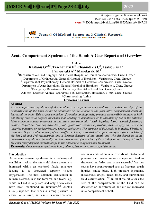 (PDF) Acute Compartment Syndrome of the Hand: A Case Report and Overview