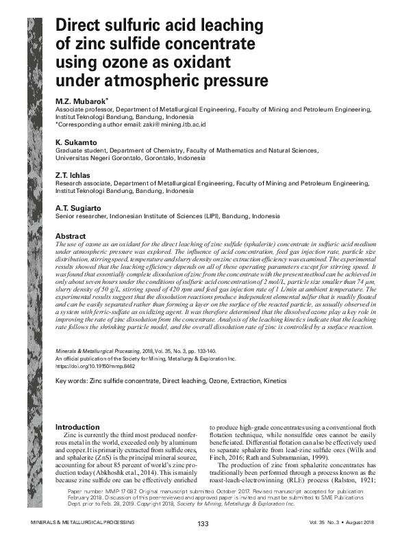 (PDF) Direct sulfuric acid leaching of zinc sulfide concentrate using ozone as oxidant under ...