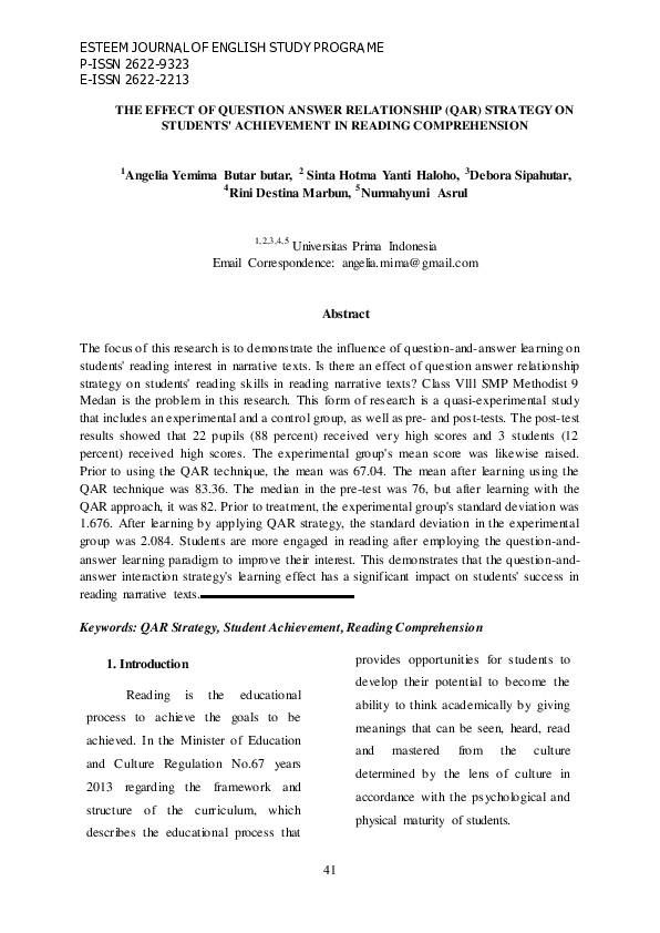 (PDF) The Effect of Question Answer Relationship (Qar) Strategy on ...