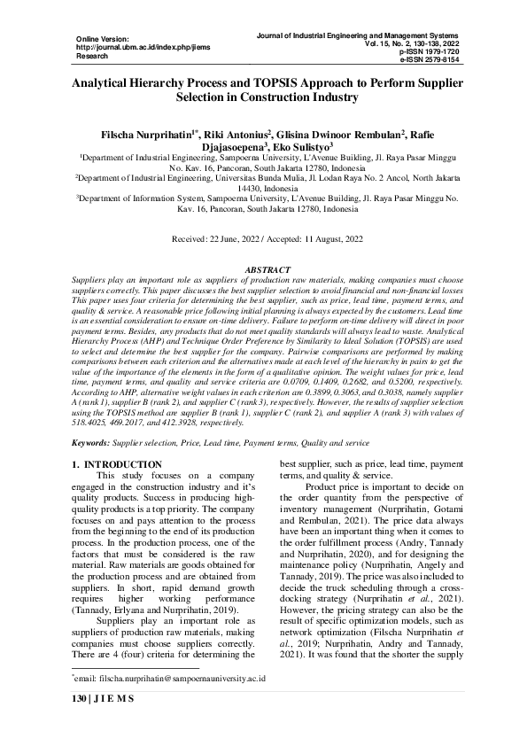 Pdf Analytical Hierarchy Process And Topsis Approach To Perform Supplier Selection In