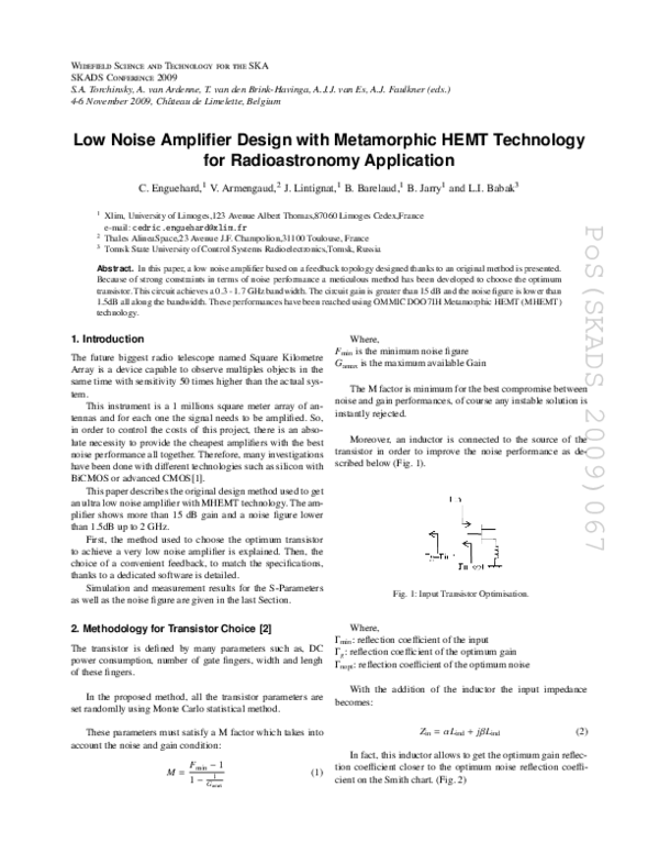 (PDF) Low Noise Amplifier Design with Metamorphic HEMT Technology for Radioastronomy Application