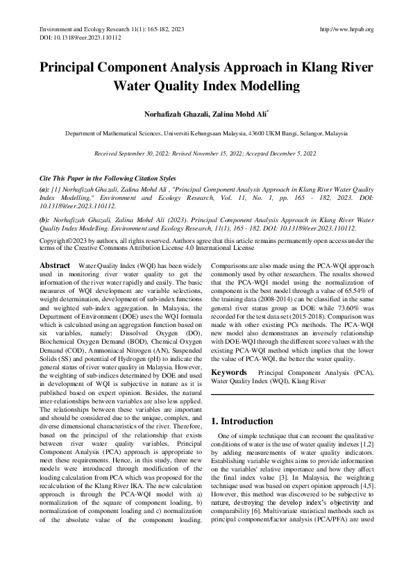 (PDF) Principal Component Analysis Approach in Klang River Water Quality Index Modelling