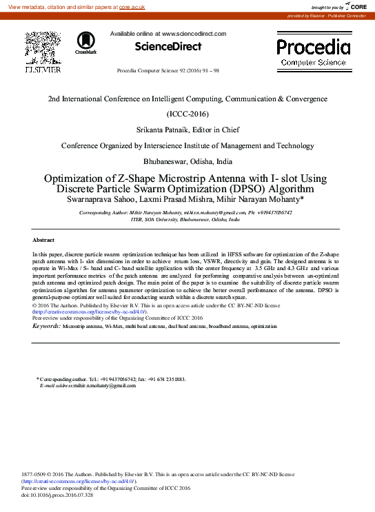 Pdf Optimization Of Z Shape Microstrip Antenna With I Slot Using Discrete Particle Swarm